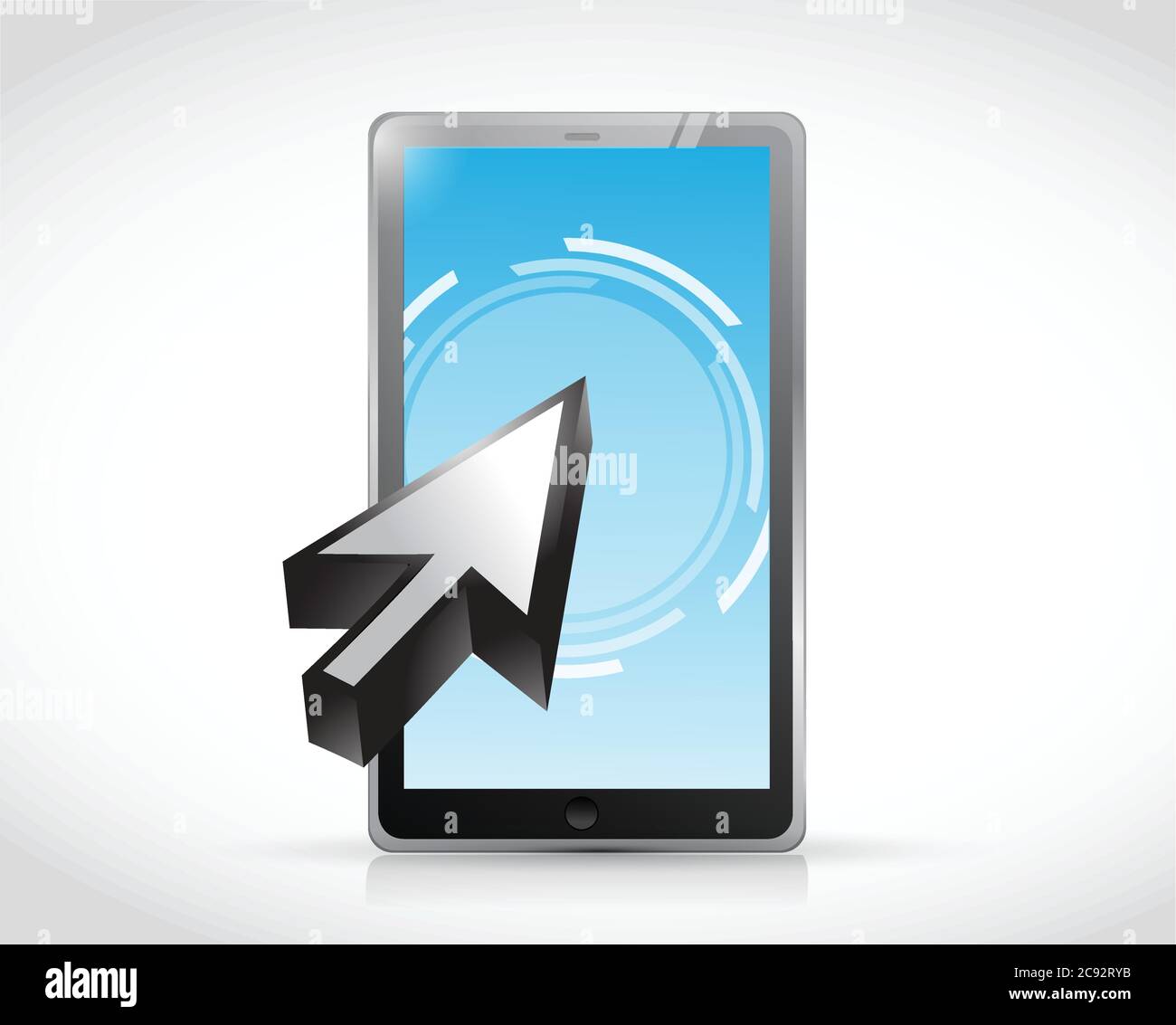Tablet and cursor touchscreen illustration design over a white ...