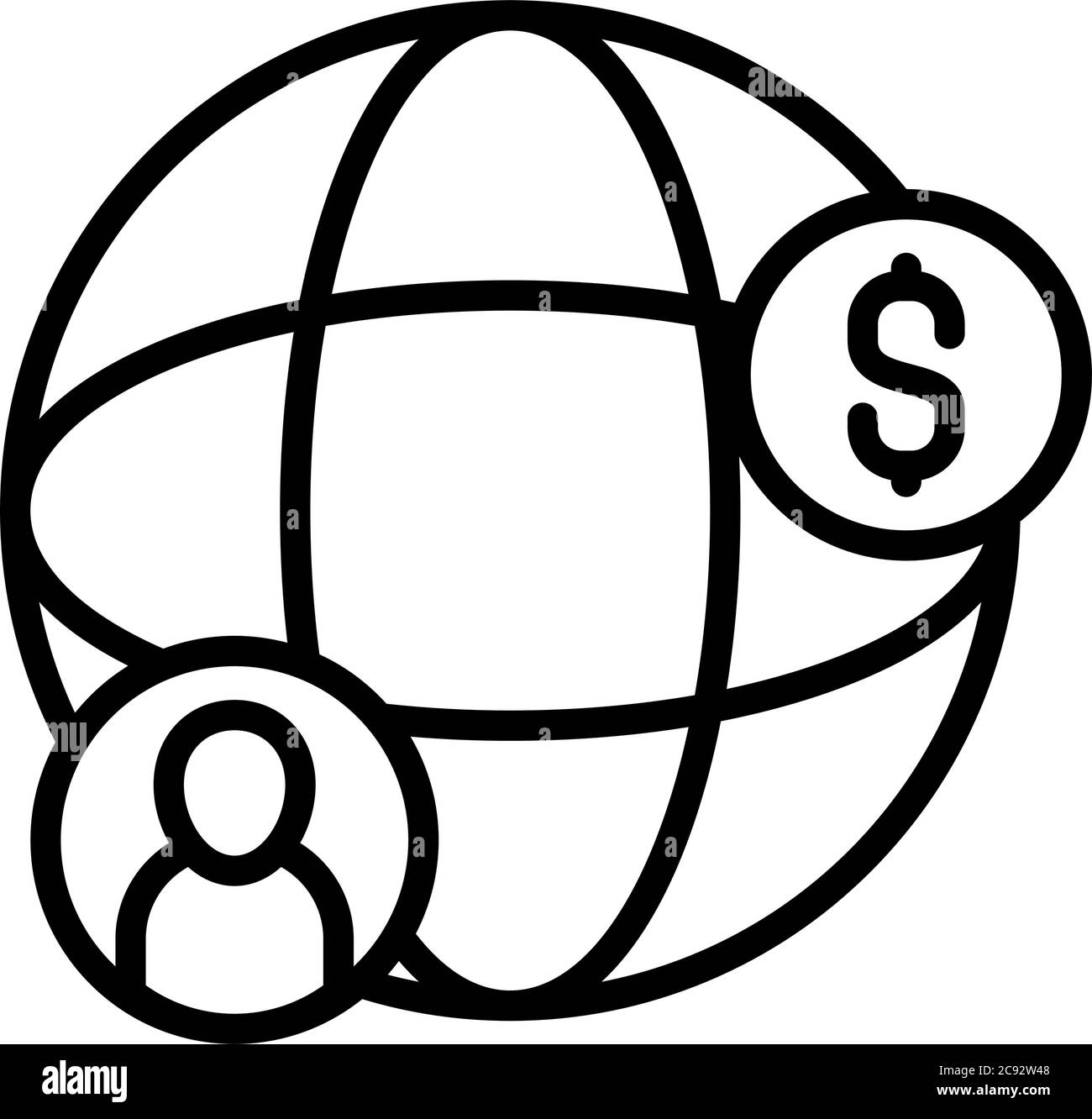 global sphere with money symbol and avatar person icon over white ...