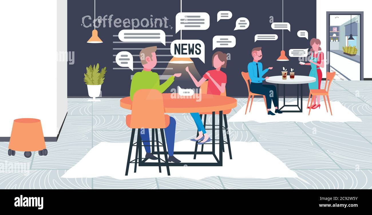 visitors chatting during meeting in cafe people discussing daily news ...