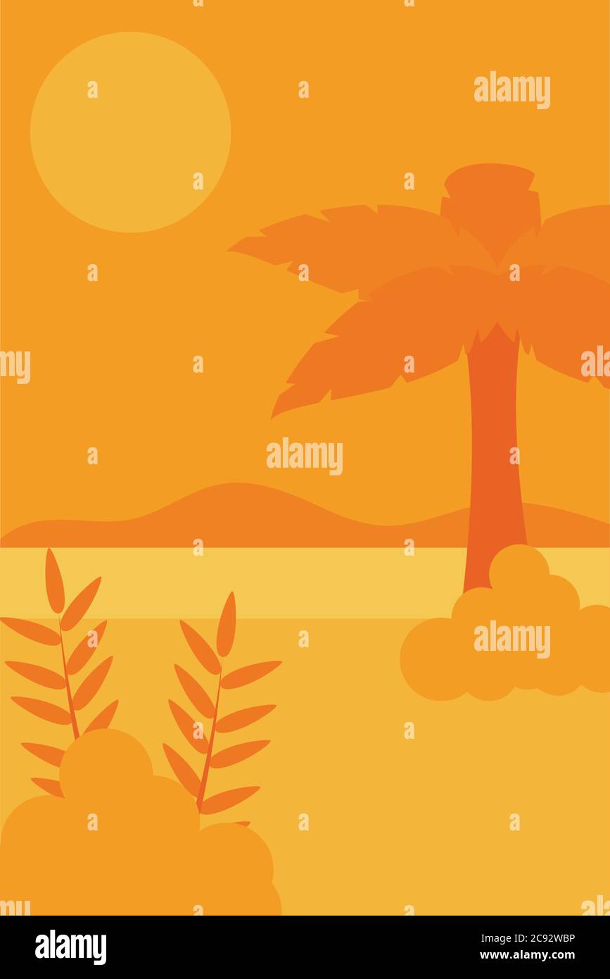 Orange banner with palm tree at beach and leaves design, Summer ...