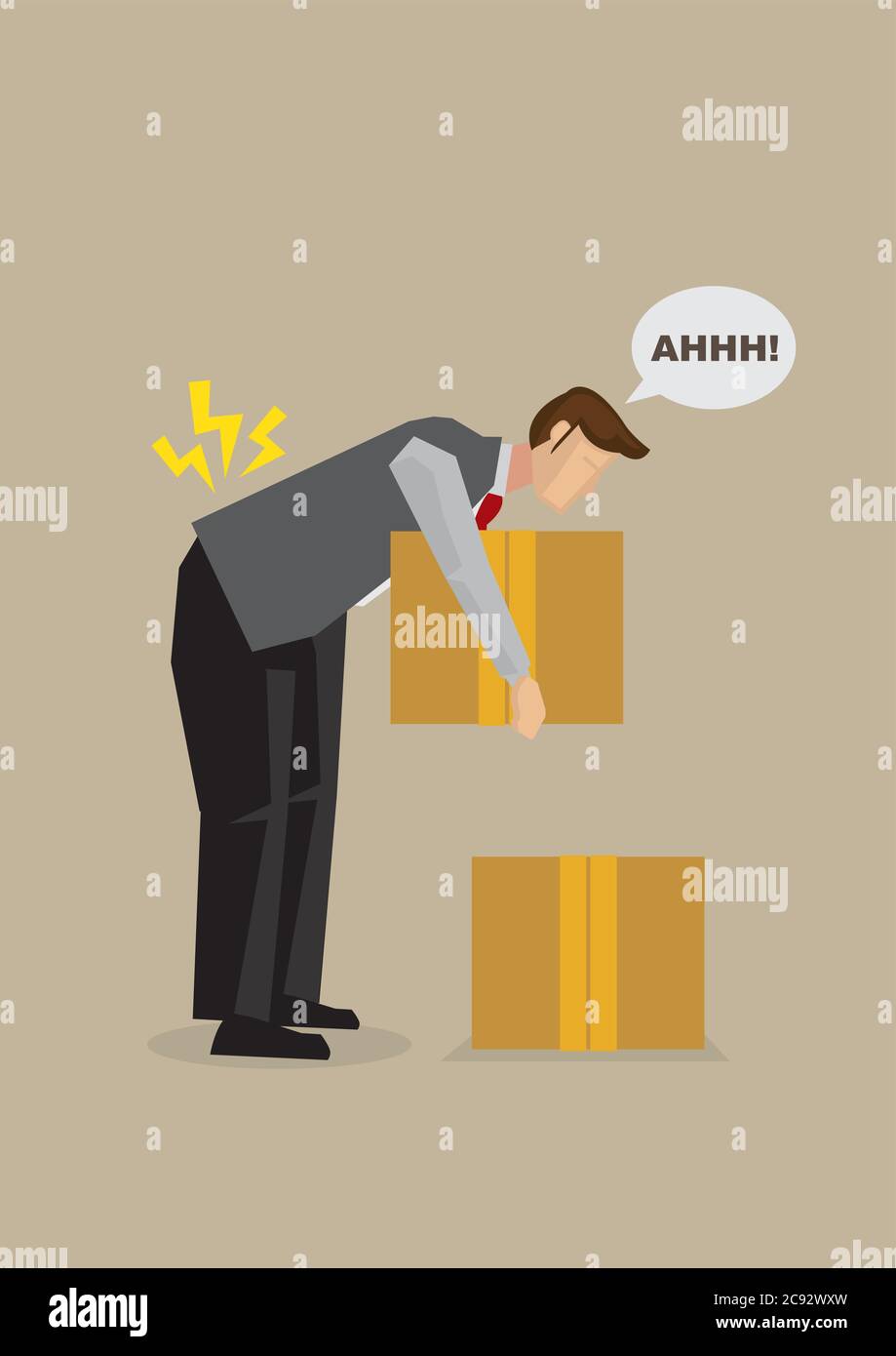 Cartoon man injured lower back by bending over to lift heavy box from ...