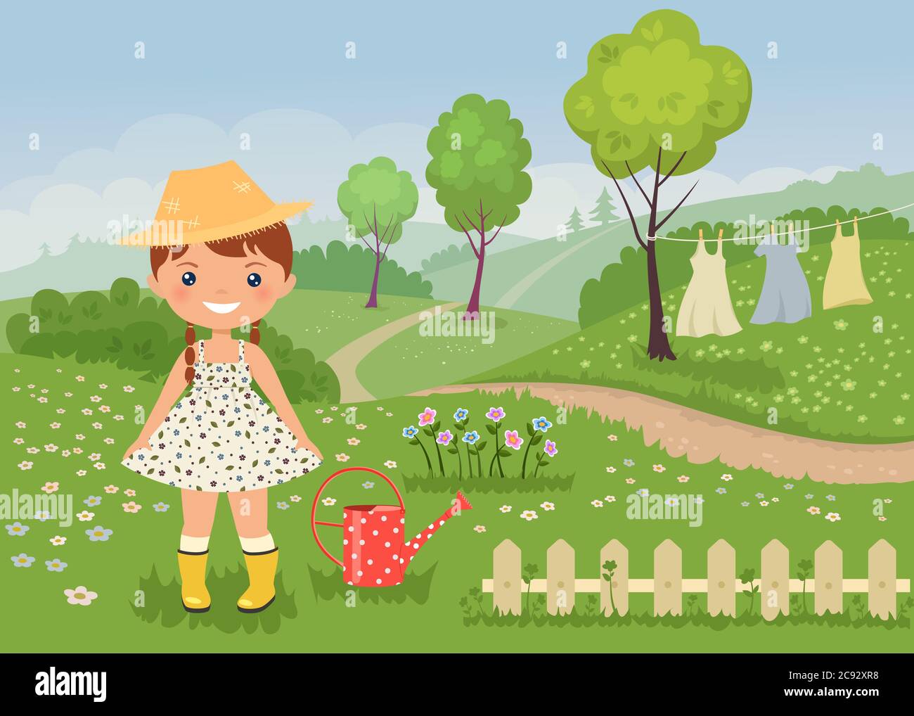 Chibi girl character in rustic dress on rural landscape background ...
