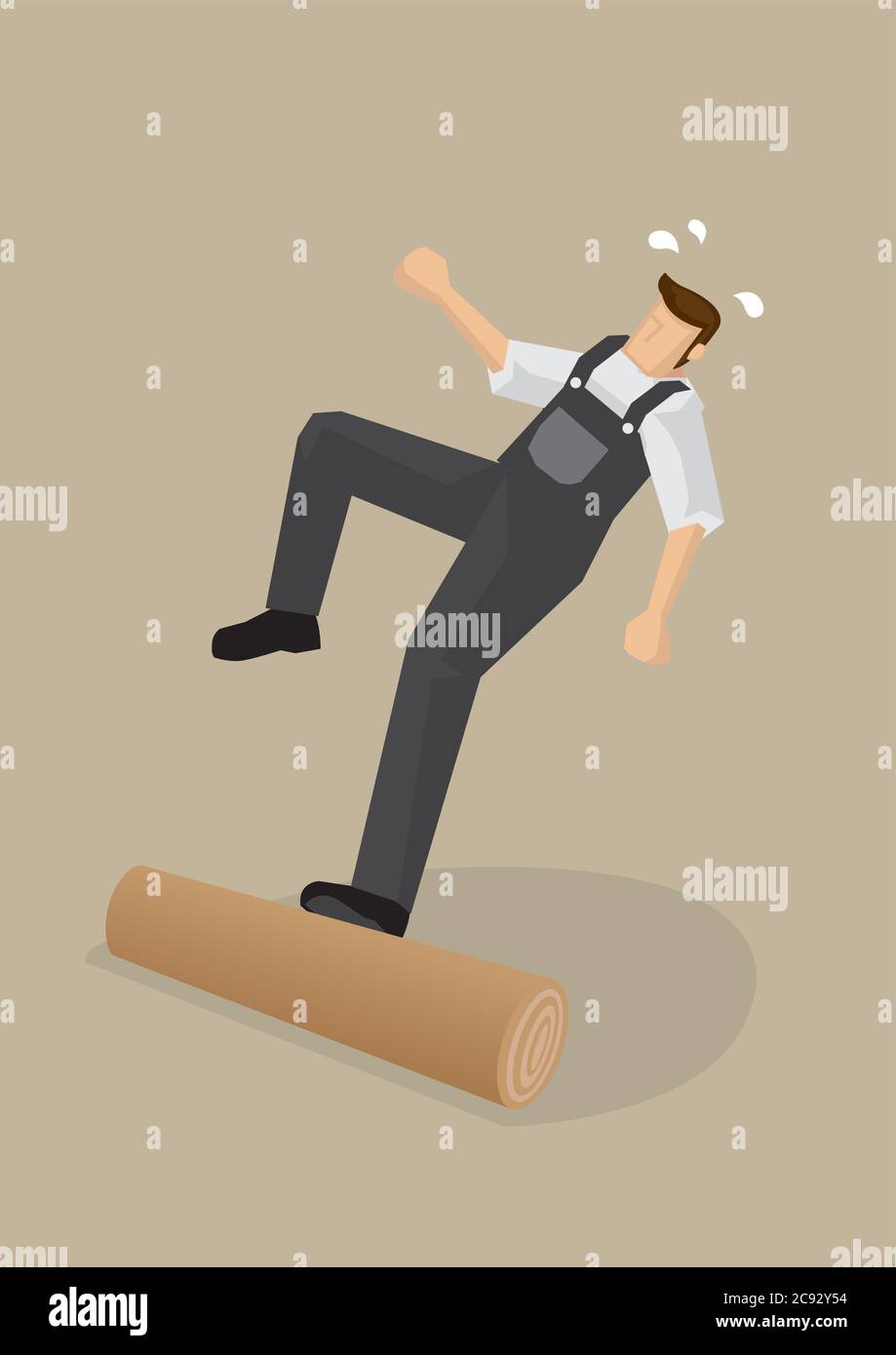 Vector cartoon illustration of a worker stepping on a log, losing ...