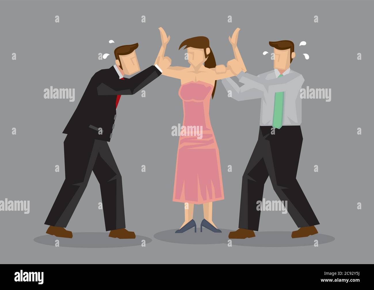Popular woman with two desperate male suitors grabbing her. Vector ...