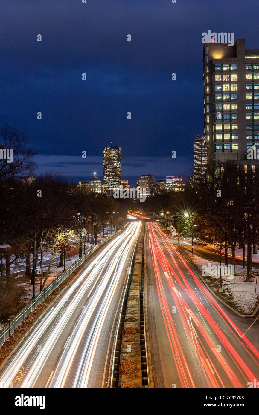 Light trails leading into the city of Boston Stock Photo - Alamy