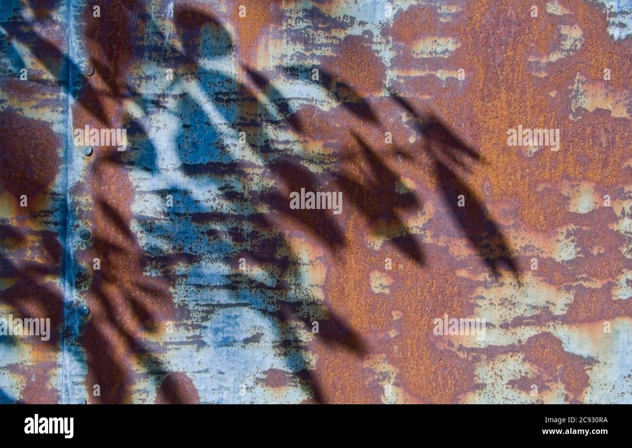 A rusty piece of metal taken in bright sunlight with the shadow of ...