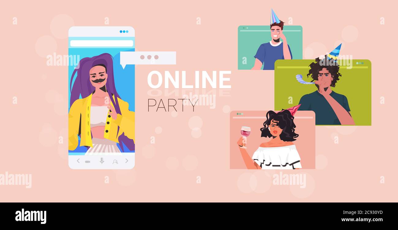 people celebrating online party friends having virtual fun celebration ...