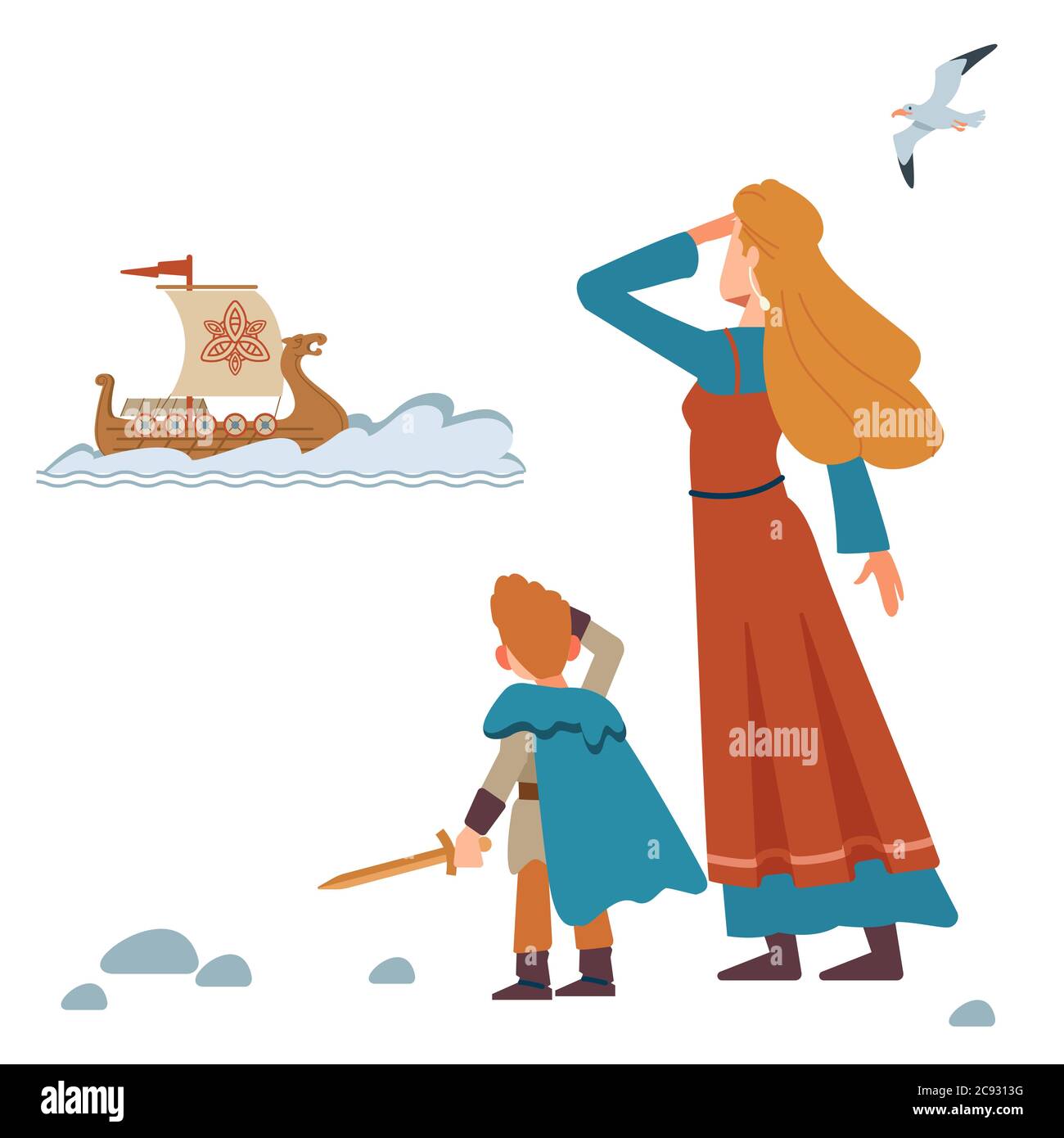 Medieval viking family. Mother and son meets and accompanies the ...