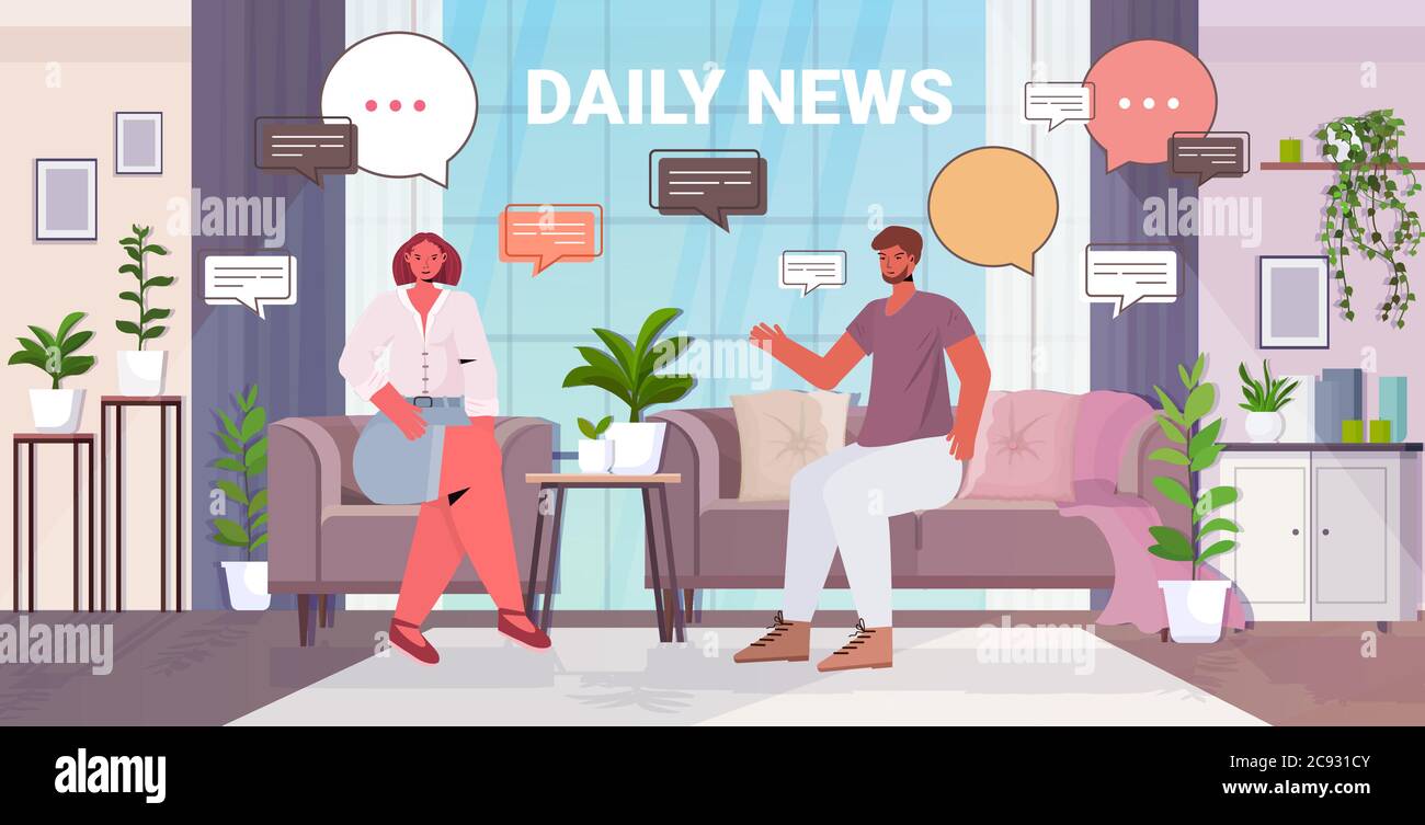 couple discussing daily news during meeting chat bubble communication ...