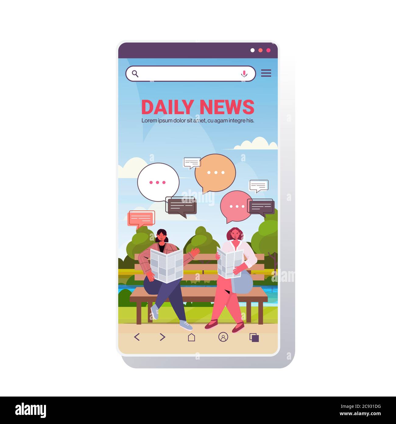 girls reading newspaper discussing daily news during meeting in park ...