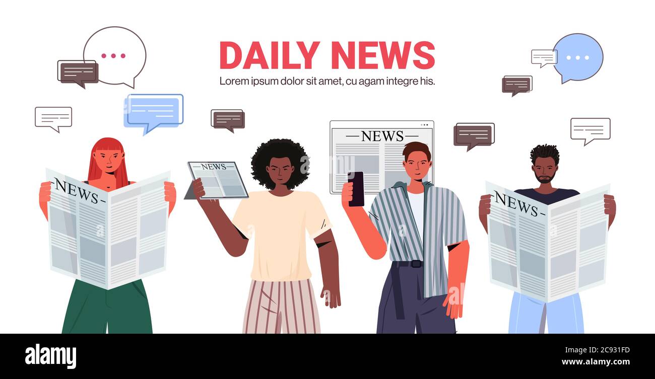 mix race people reading newspapers and discussing daily news chat ...