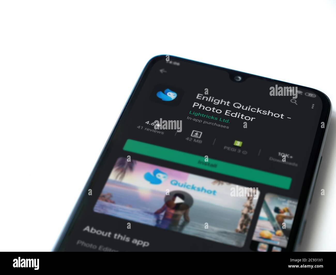 Lod, Israel - July 8, 2020: Enlight Quickshot app play store page on the display of a black ...