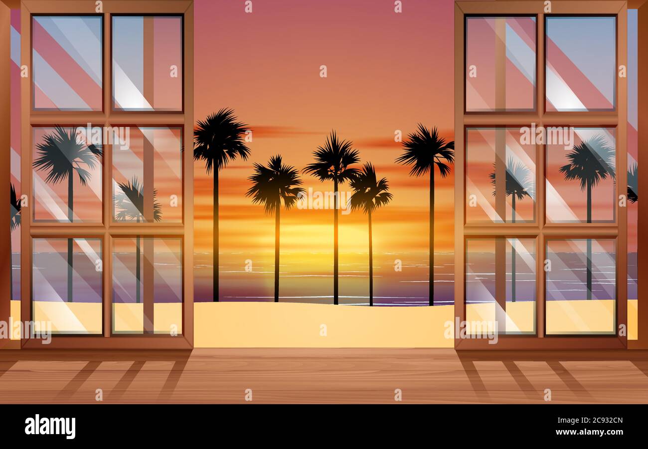 landscape of the beach in sunset at the windows Stock Vector Image ...