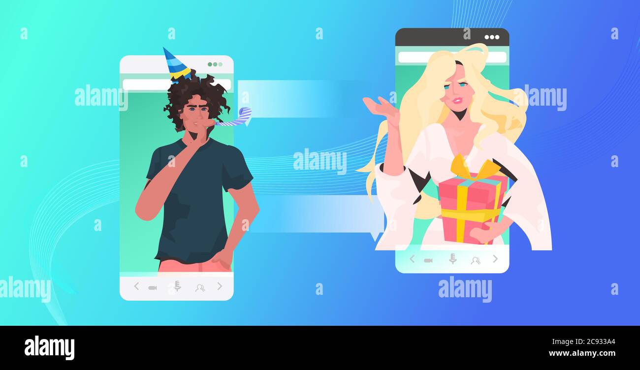 couple celebrating online party friends having virtual fun celebration ...