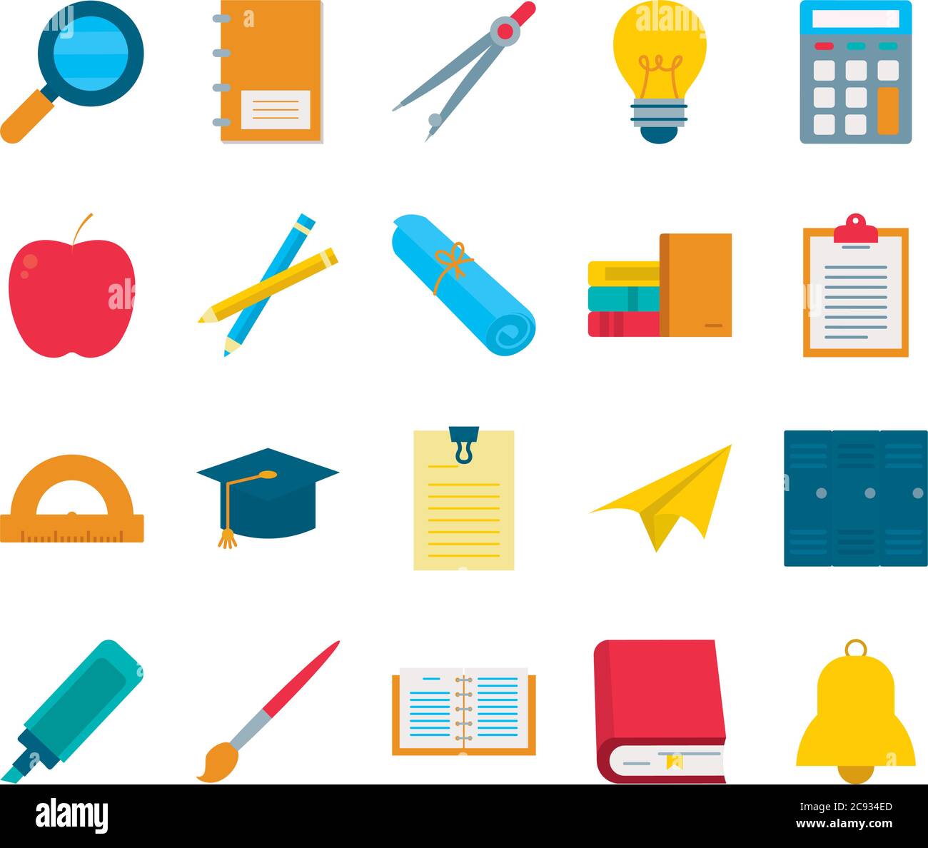 School flat style icon set design, Education class lesson and knowledge theme Vector ...