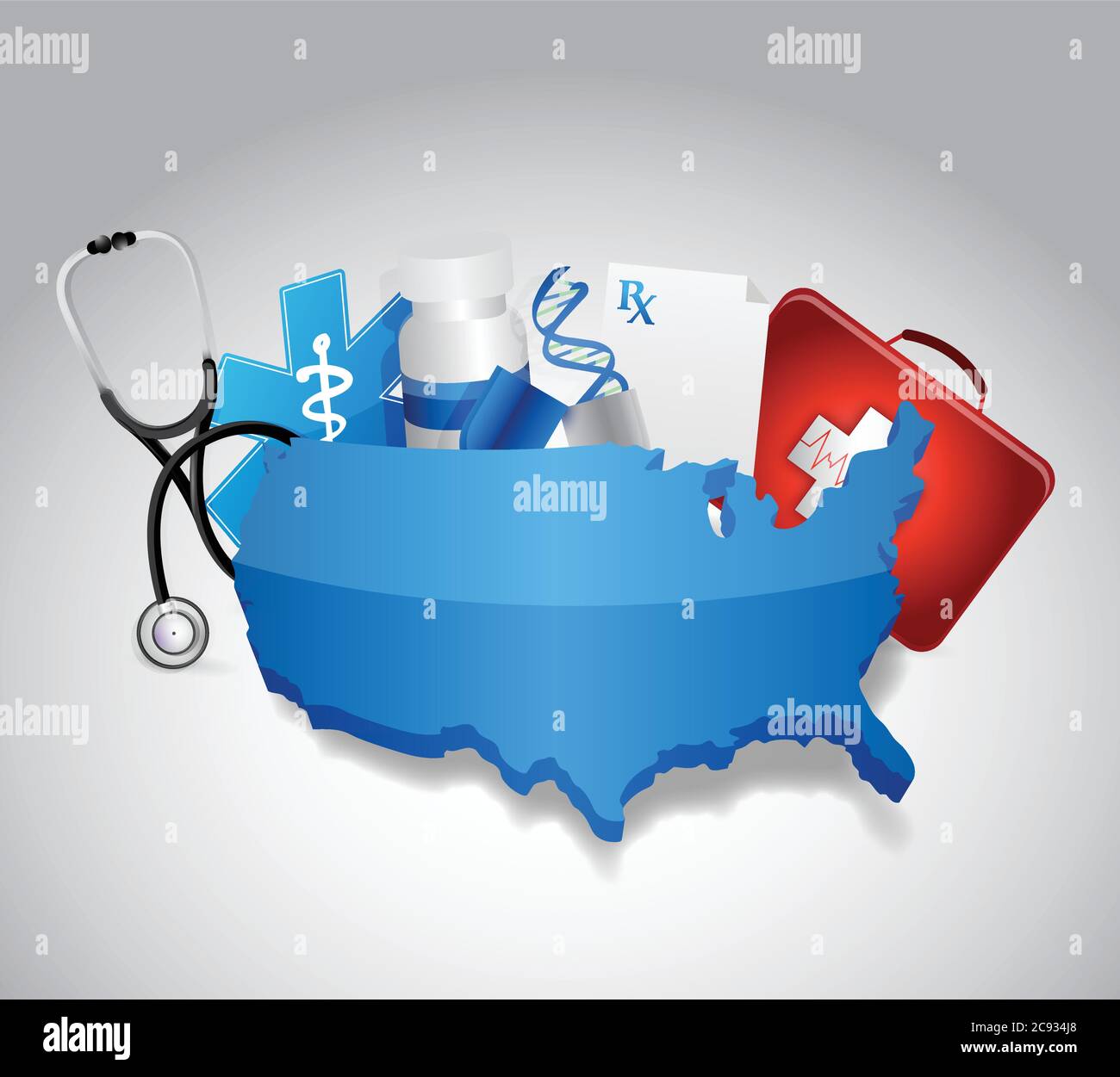 Medical icons around a us map illustration design over a white ...