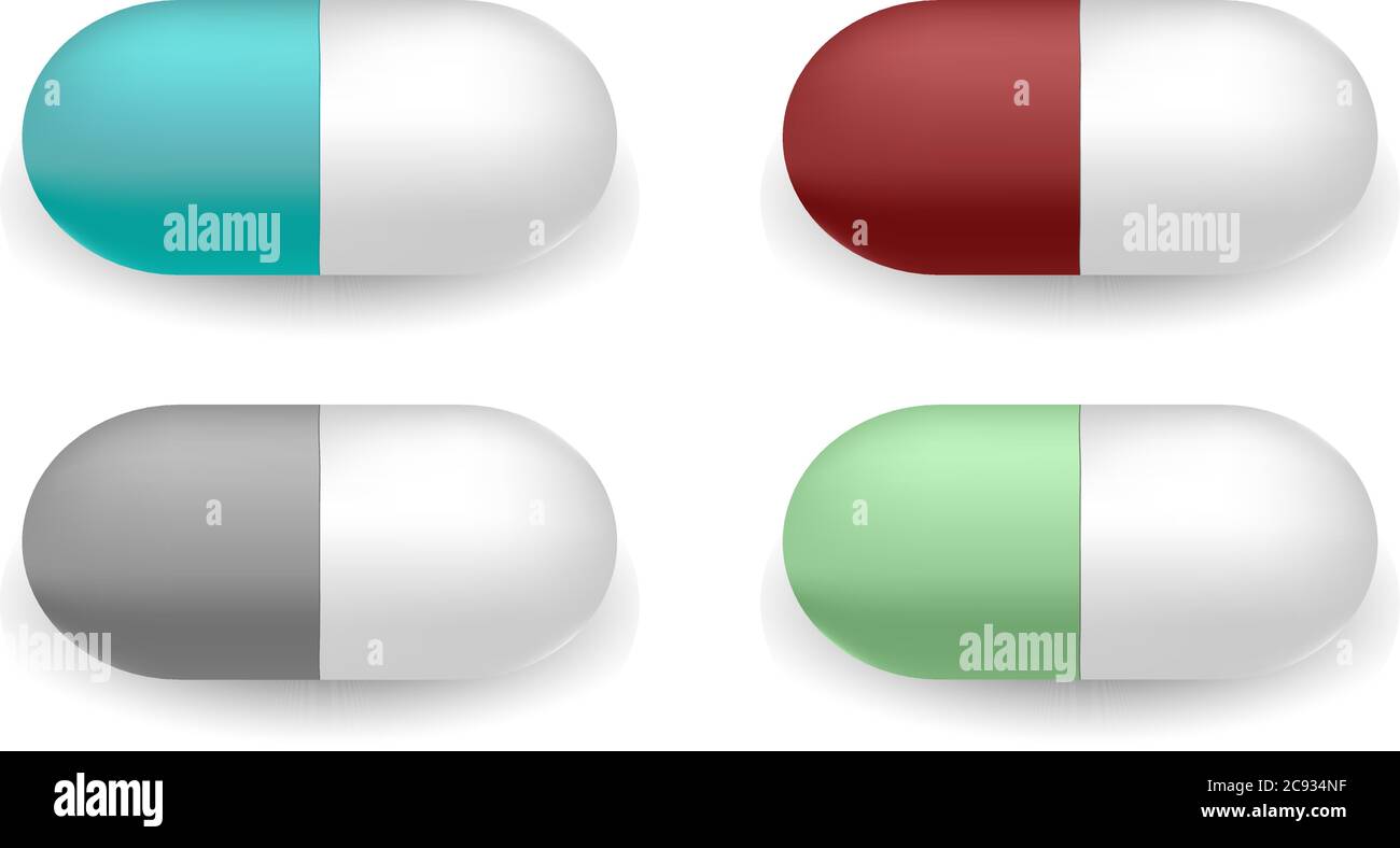 Pharmacy pills isolated on white background. Capsules with different ...