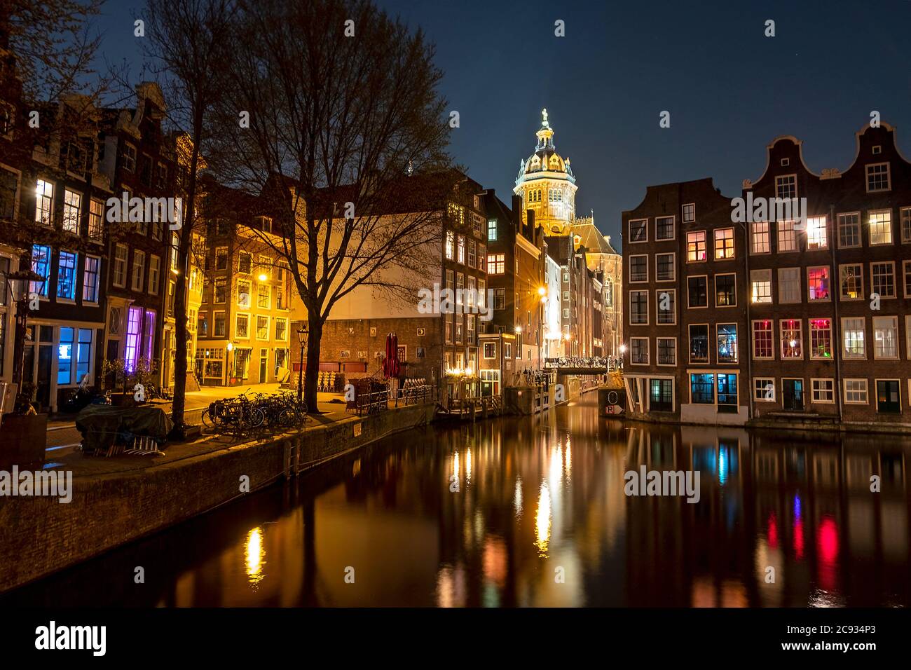 City scenic from Amsterdam with the St. Niklaas church in the ...