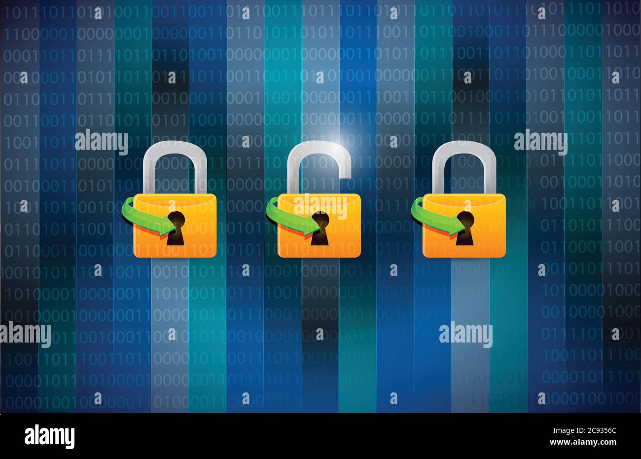 Unsecured and secured concept illustration design over a binary ...