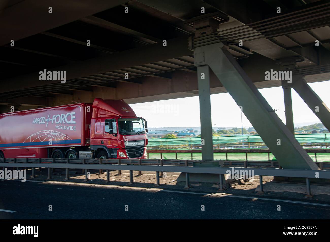 Royal Mail Parcel Force DAF truck and steel box trailer going North on ...