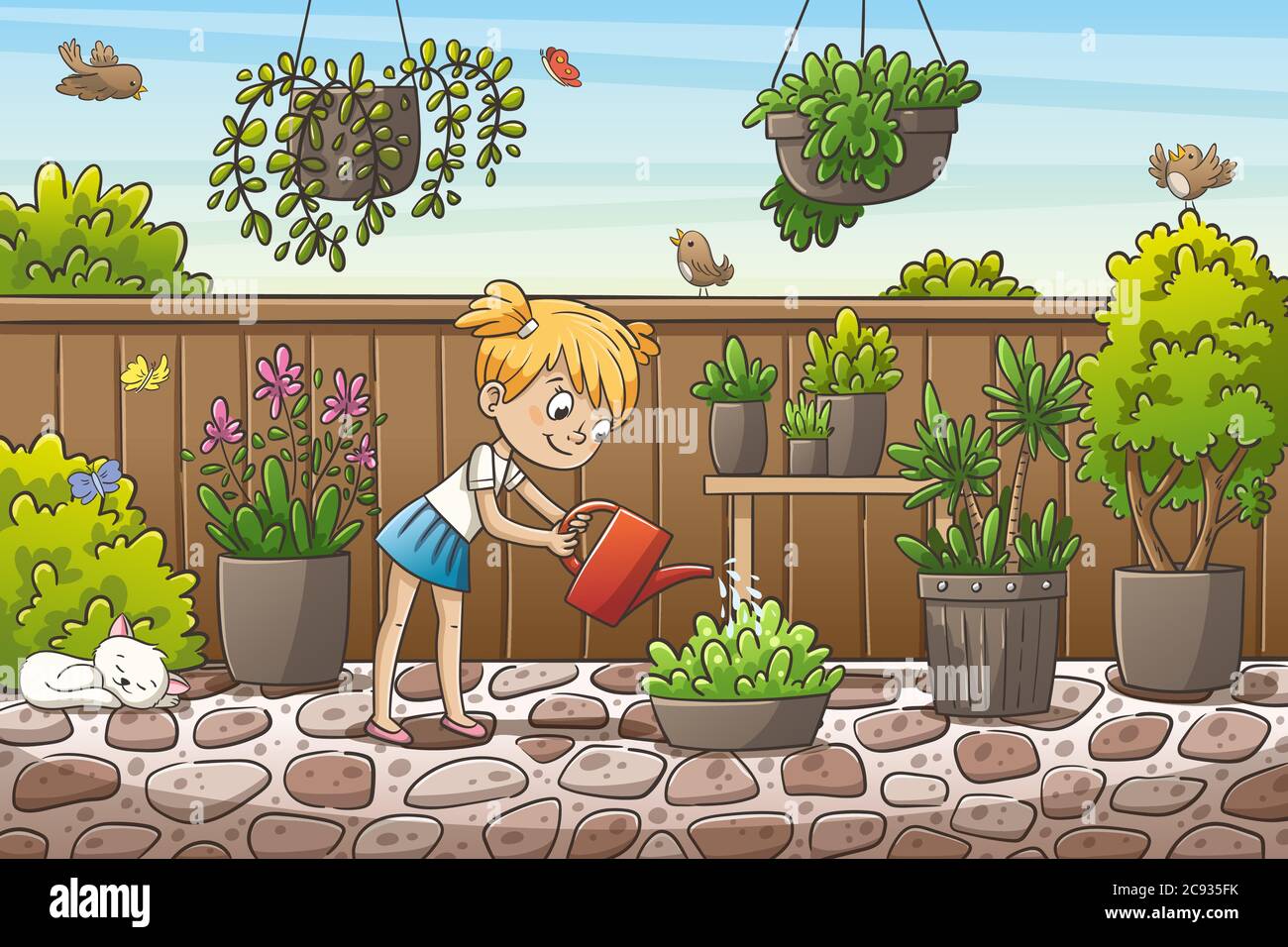 Little Girl Watering Flower Cartoon Little Girl Watering The Flowers