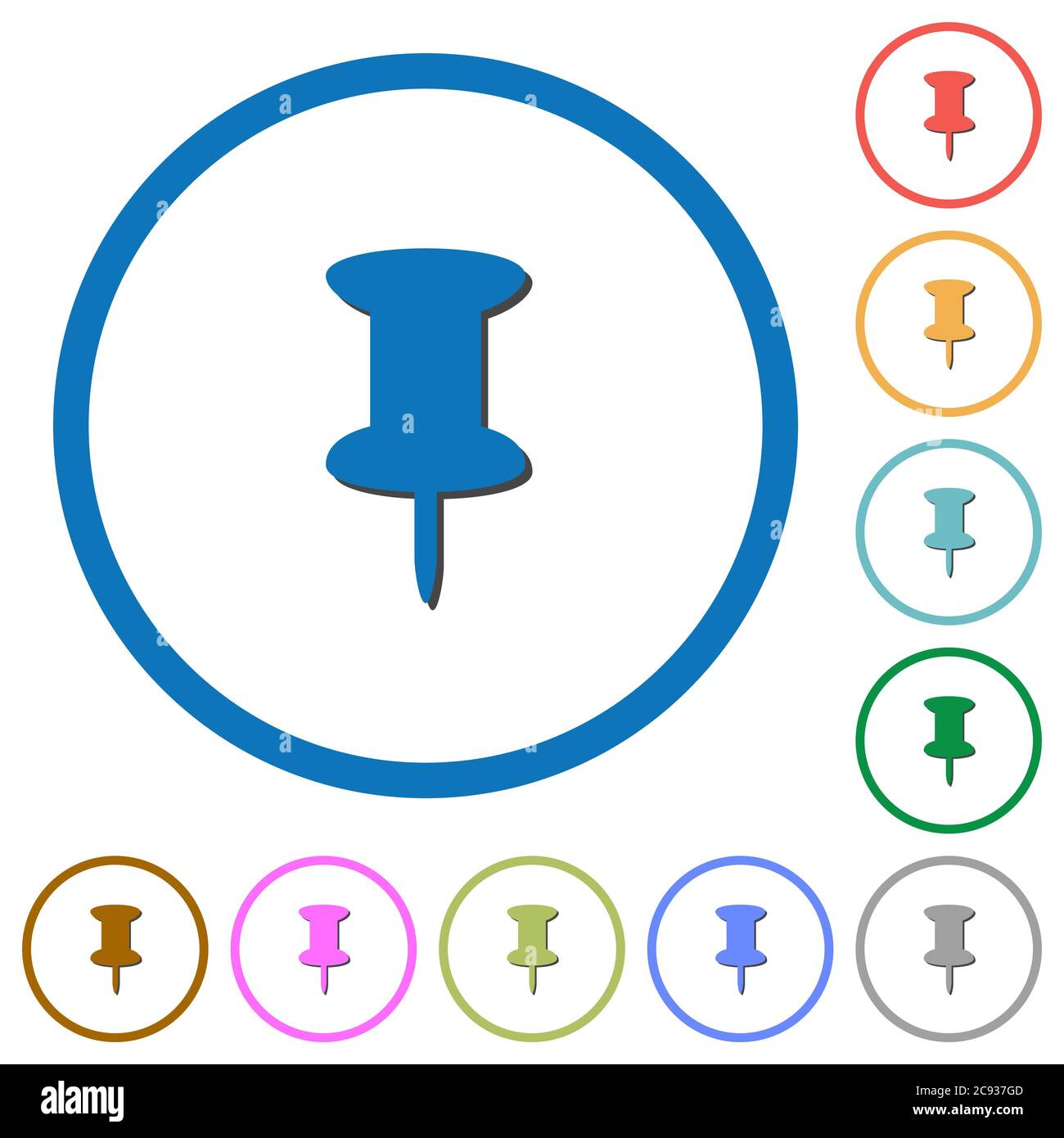 Push pin flat color vector icons with shadows in round outlines on ...