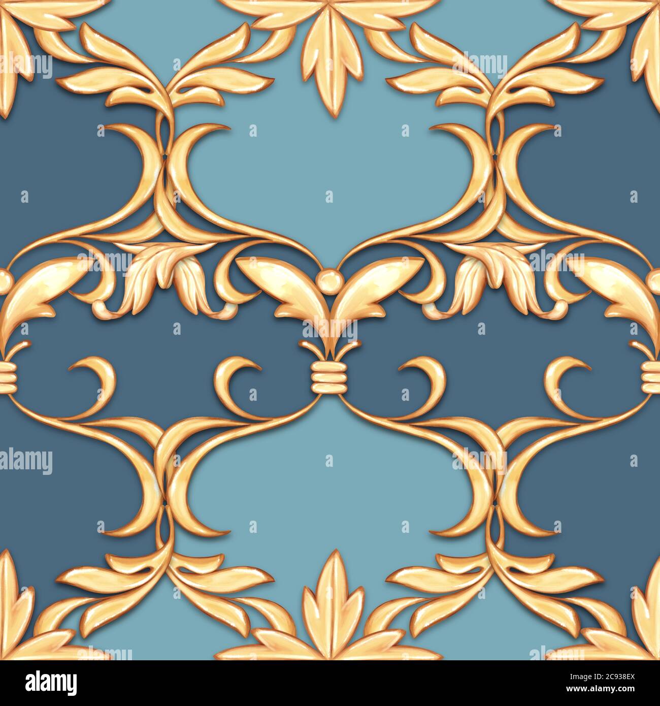 Seamless blue baroque pattern of gold scrolls Stock Photo - Alamy