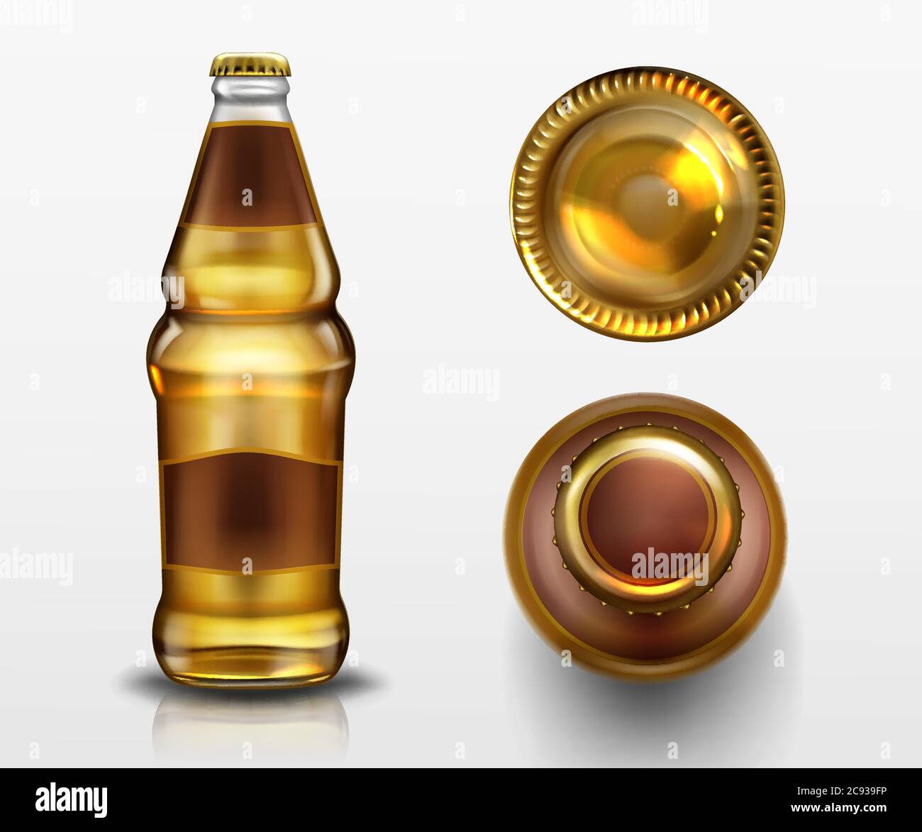 Beer bottle top and bottom view, alcohol drink in blank glass flask ...