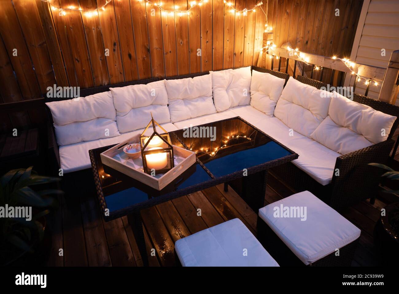 Beautiful design of terrace lounge decorated with lights Stock Photo ...
