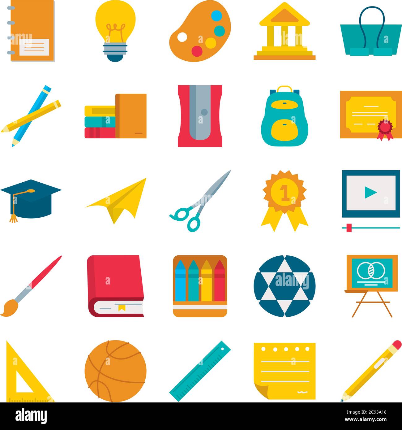 School flat style icon set design, Education class lesson and knowledge ...