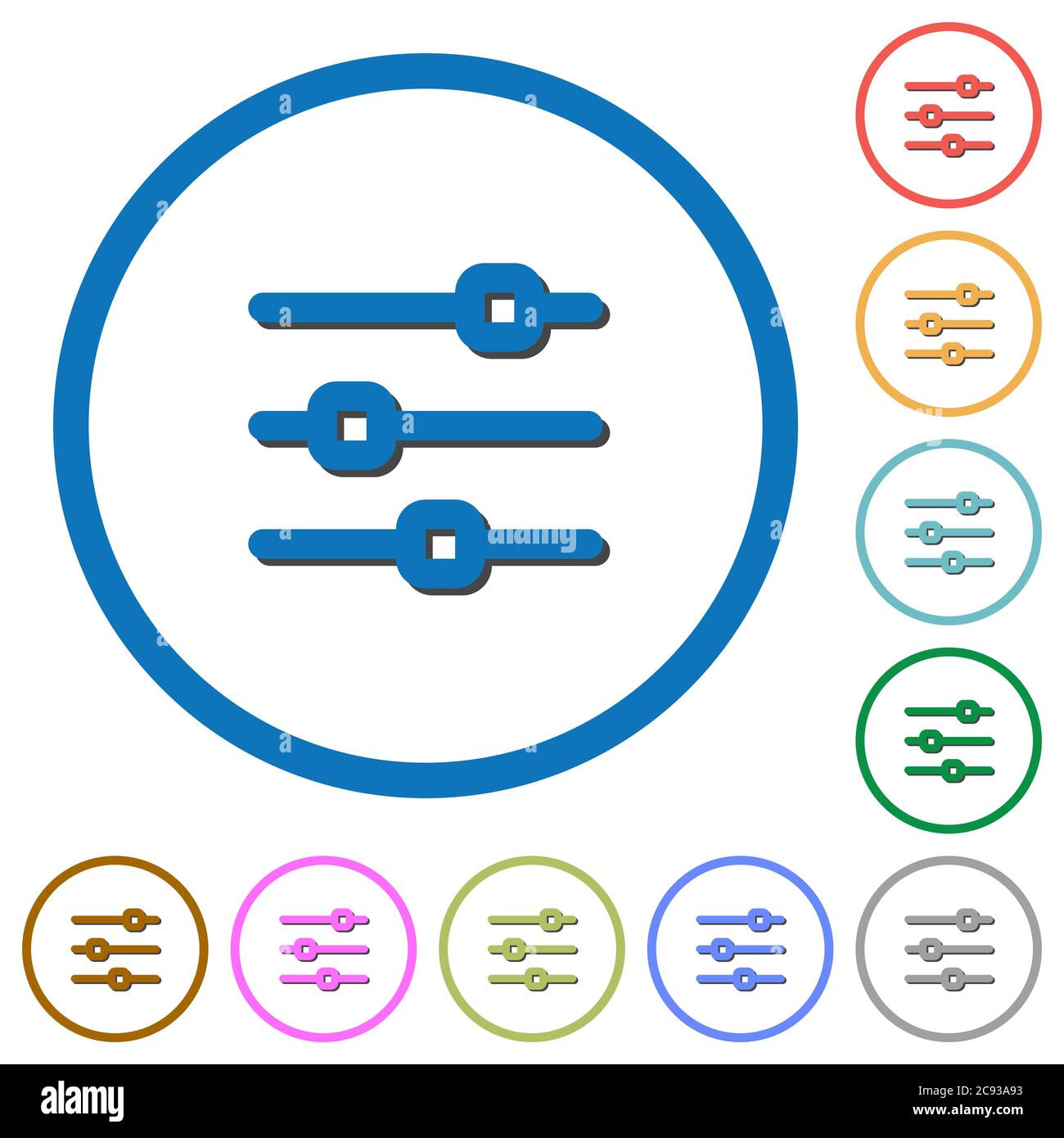 Horizontal adjustment flat color vector icons with shadows in round ...
