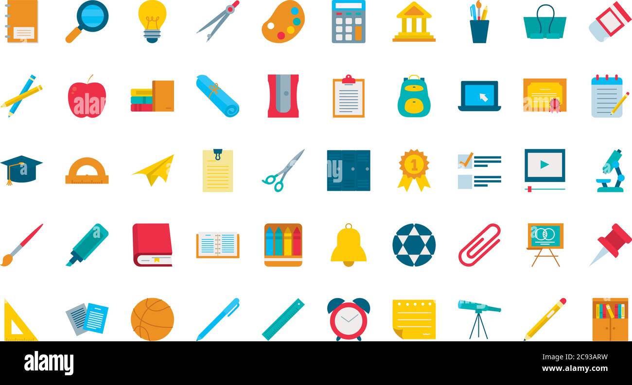 School flat style icon set design, Education class lesson and knowledge ...