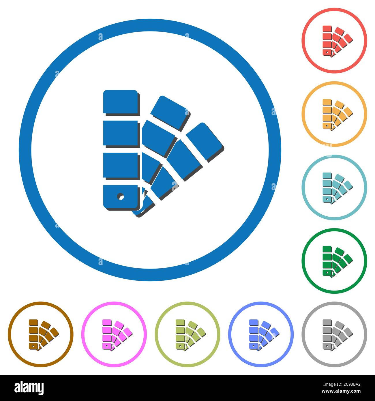 Color swatch flat color vector icons with shadows in round outlines on ...