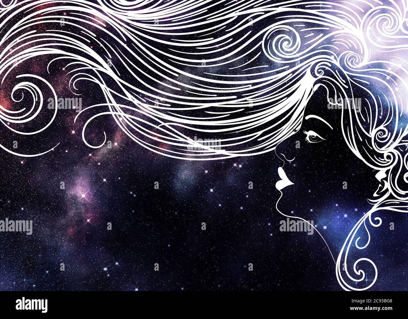 Woman face in profile with long hair style with starfield texture ...
