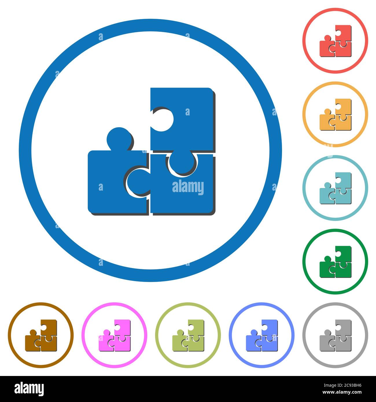 Puzzles flat color vector icons with shadows in round outlines on white ...