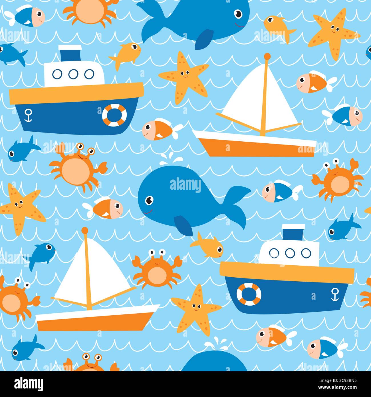 Seamless pattern with sea animals and boats Stock Photo - Alamy