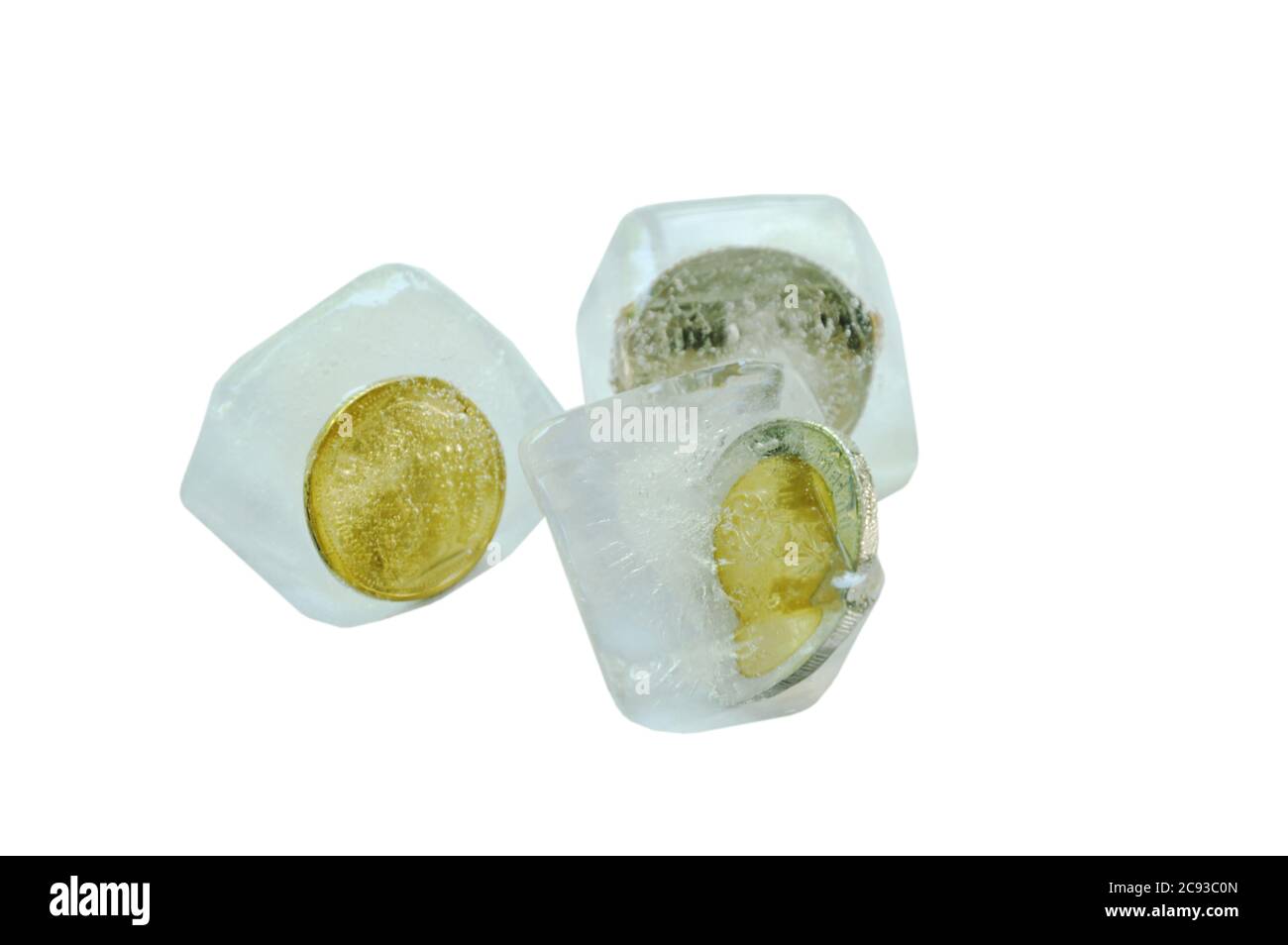 coin freezing in ice cube on white background Stock Photo - Alamy