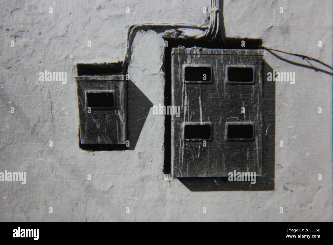 Fine 1970s vintage black and white photography of standard mail boxes ...
