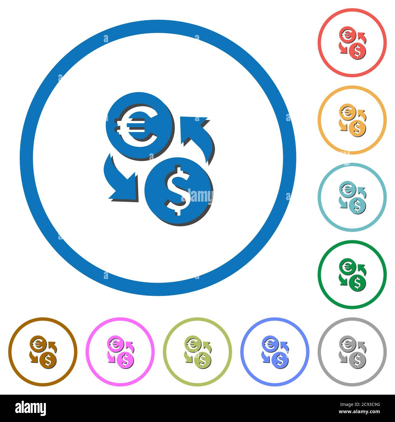 Euro Dollar money exchange flat color vector icons with shadows in ...
