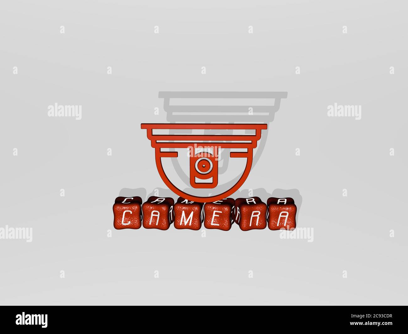 3D illustration of camera graphics and text made by metallic dice ...