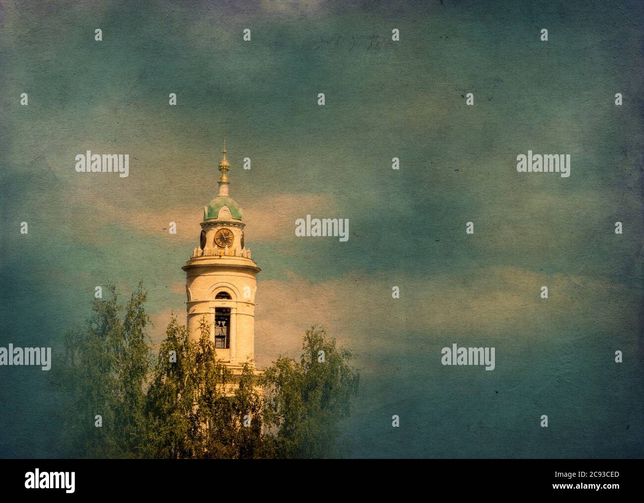 Ancient church clock tower abstract landscape with grunge paper texture ...