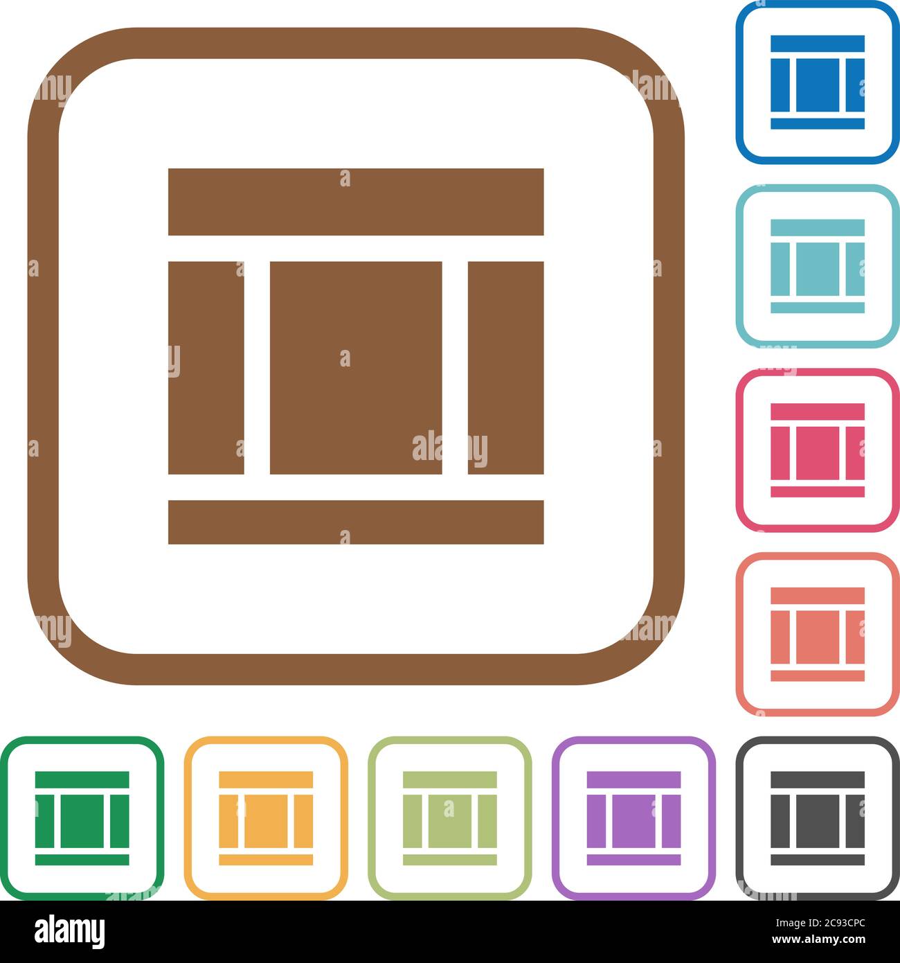 Three columned web layout simple icons in color rounded square frames ...