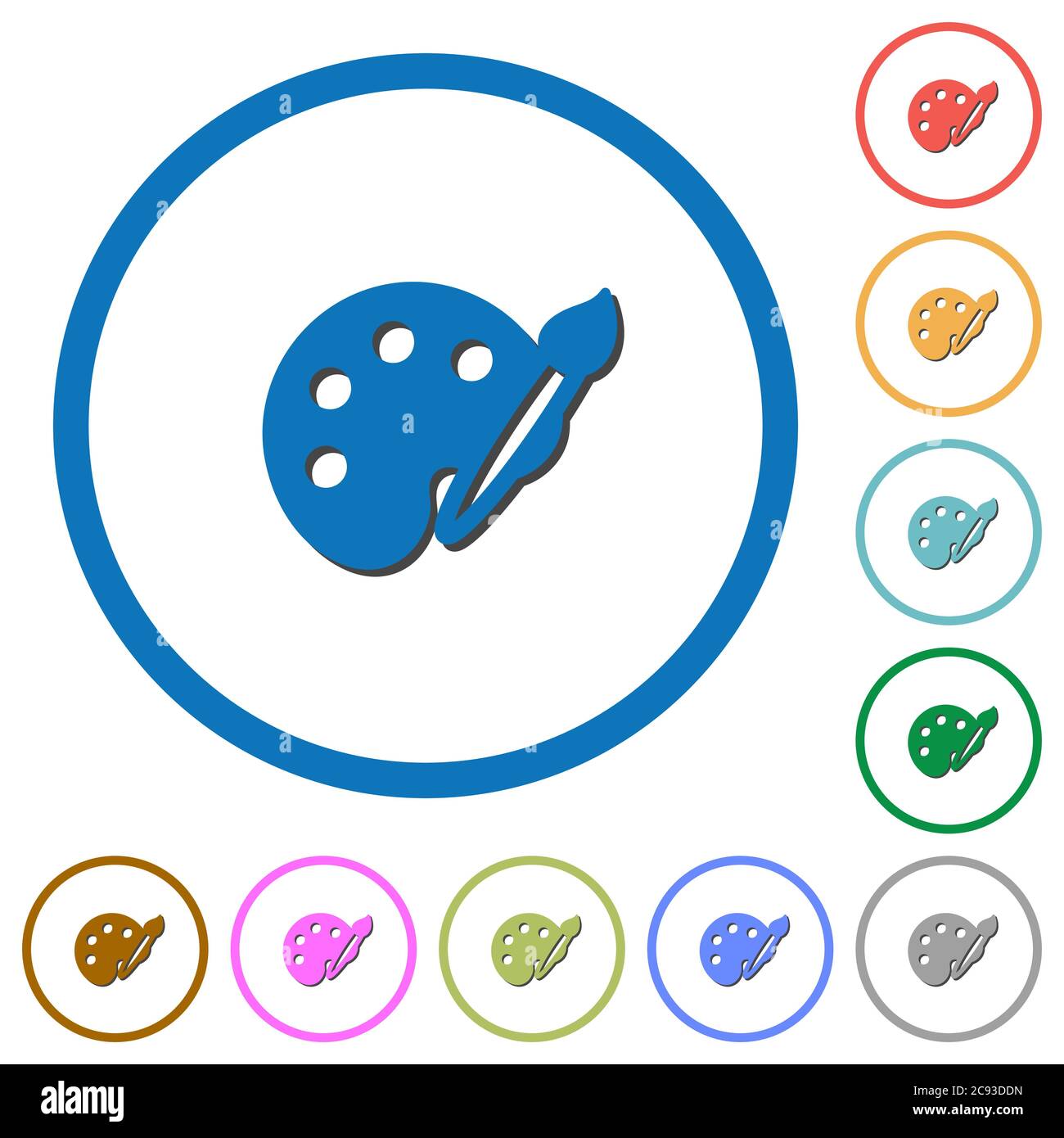 Paint kit flat color vector icons with shadows in round outlines on ...