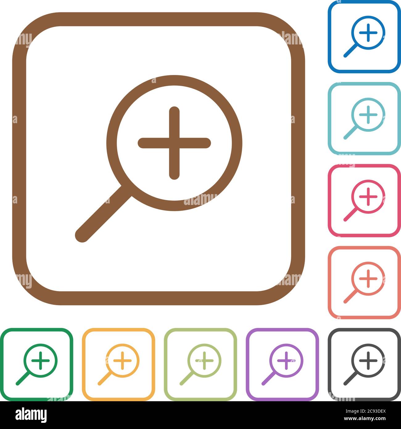 Zoom in simple icons in color rounded square frames on white background ...