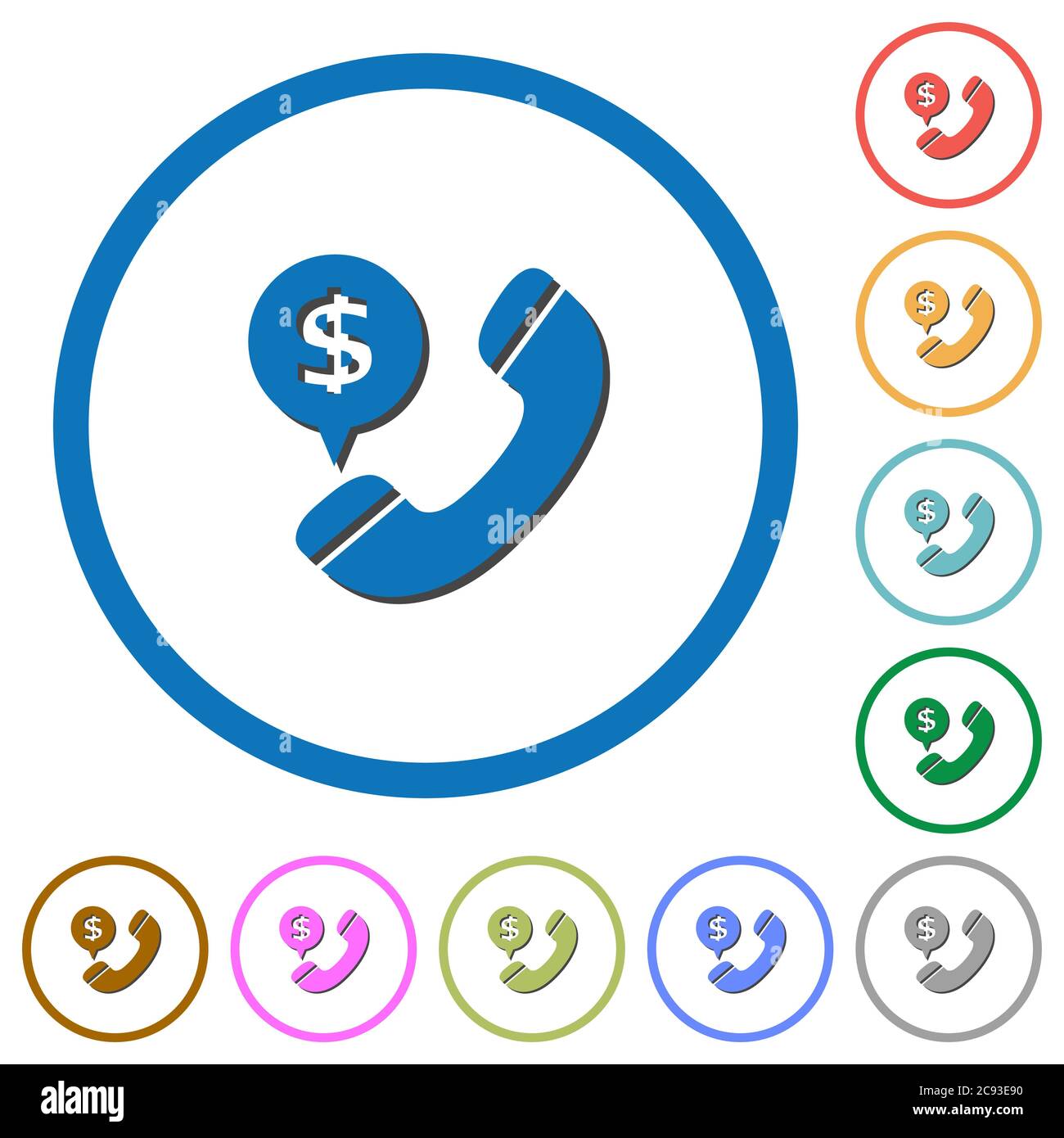 Dollar commercial call flat color vector icons with shadows in round ...