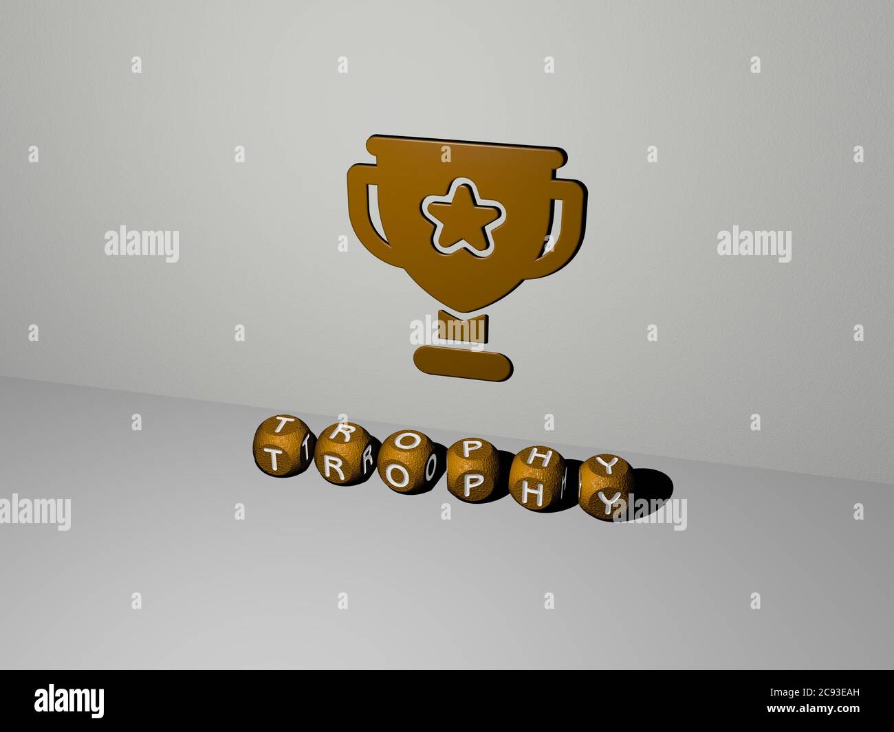 3D representation of TROPHY with icon on the wall and text arranged by ...