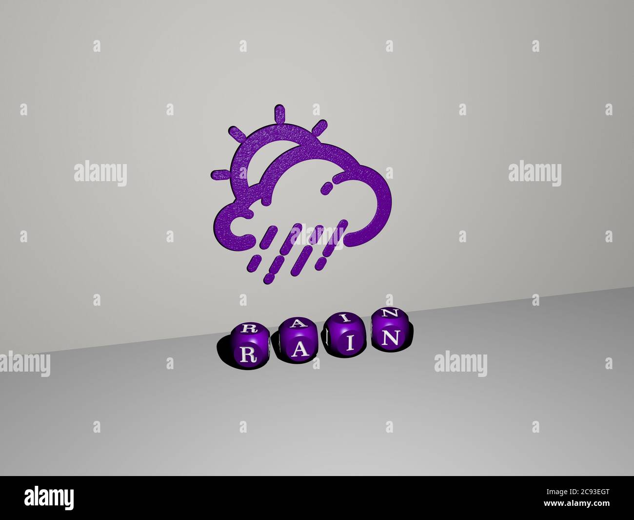 3D illustration of RAIN graphics and text made by metallic dice letters ...
