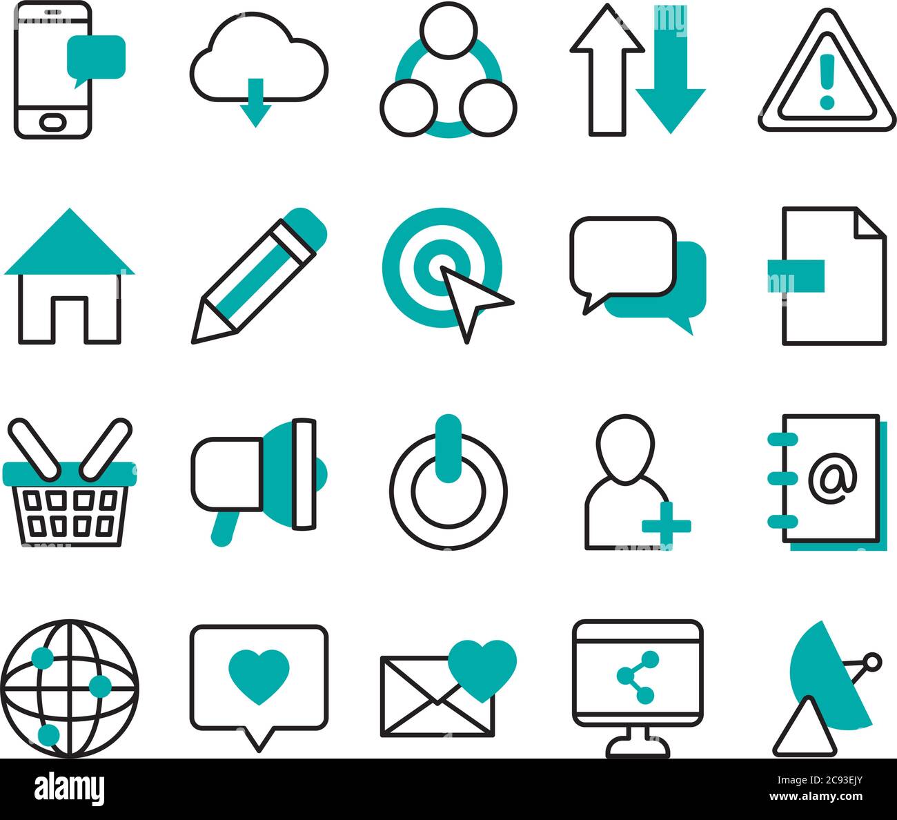 smartphone and social media icon set over white background, half line ...