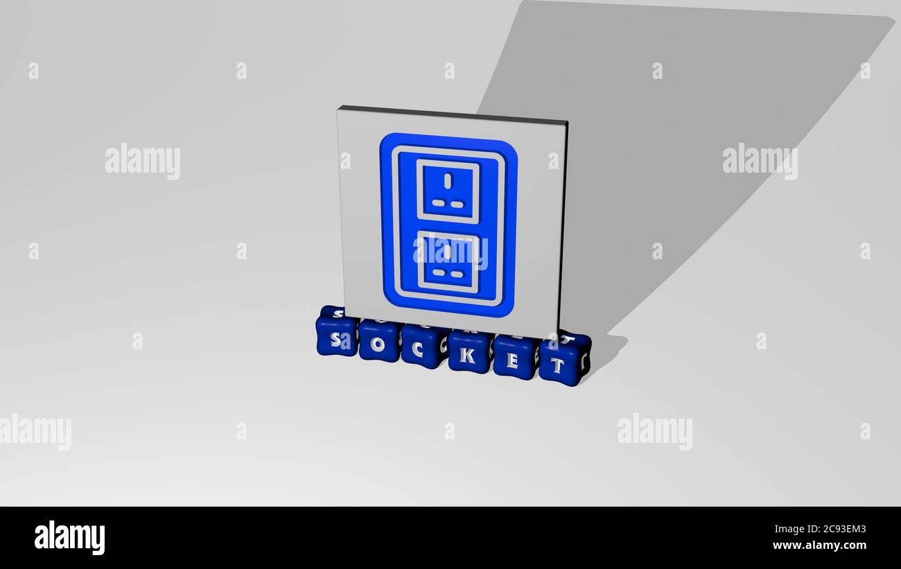 3D illustration of socket graphics and text made by metallic dice ...