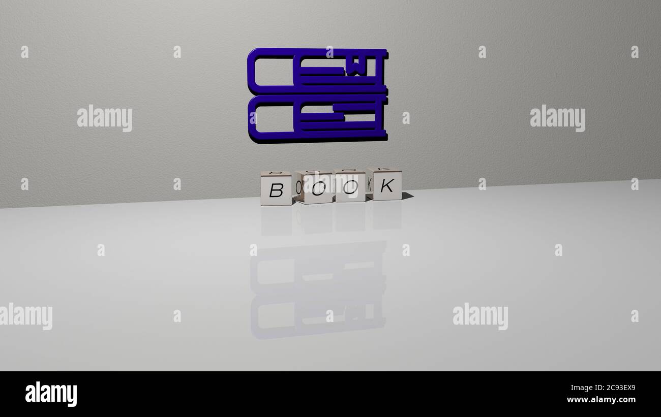 3D illustration of BOOK graphics and text made by metallic dice letters ...